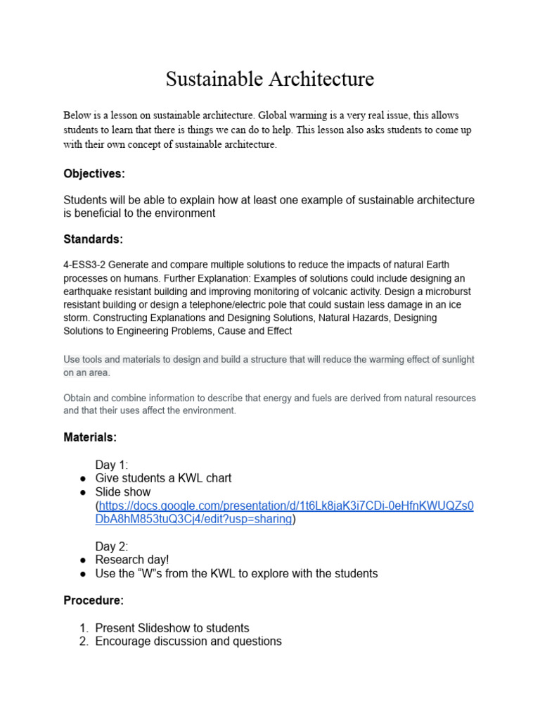 Sustainable Architecture Lesson Plan | PDF | Art