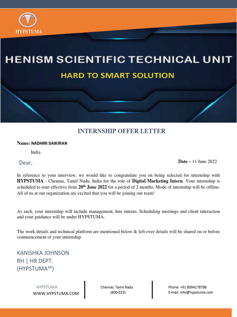 Internship Offer Letter: Dear | PDF | Business | Finance & Money Management