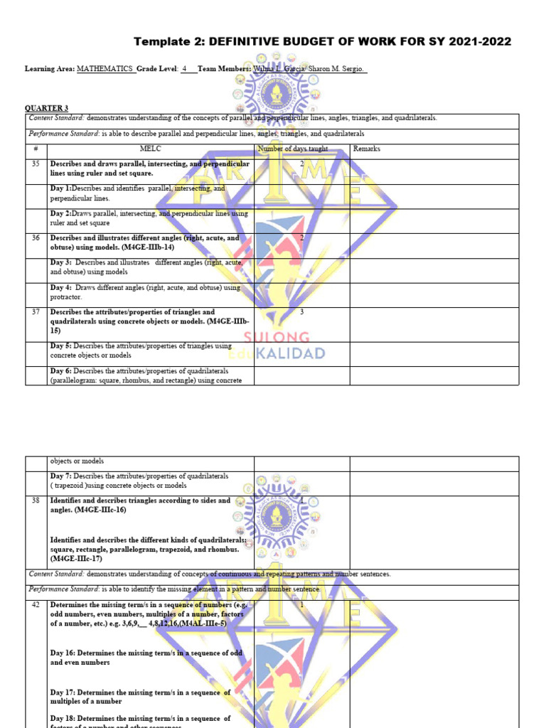 Revised DBOW Math G4 Egbc | PDF | Area | Rectangle