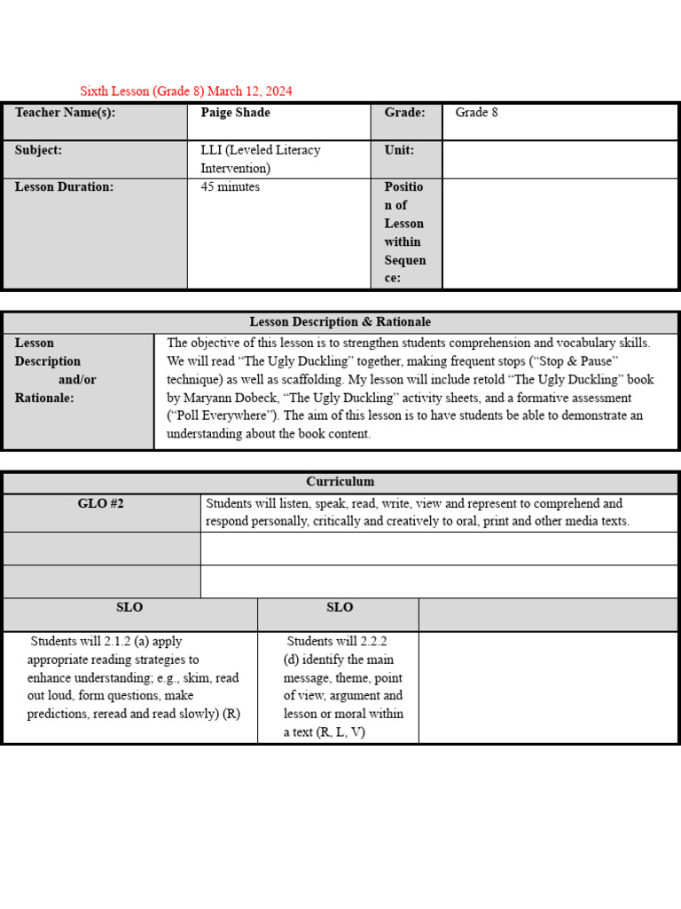 Grade 8 LLI Lesson: The Ugly Duckling | PDF | Reading Comprehension ...
