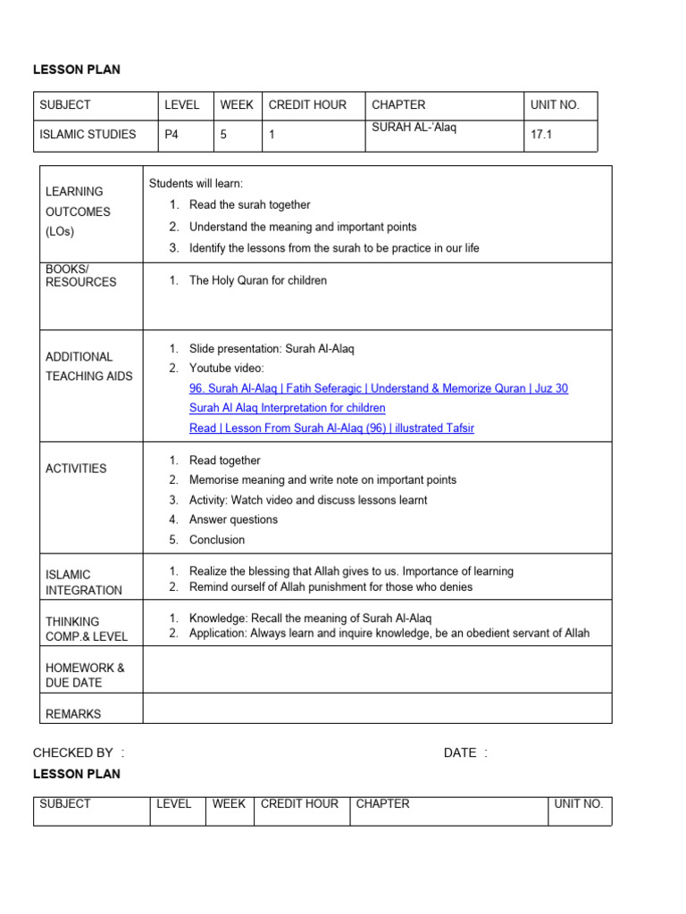 Chapter 17.1 - 18.1 Week 5 Term 3 - Lesson Plan P4 2022 | PDF | Surah ...