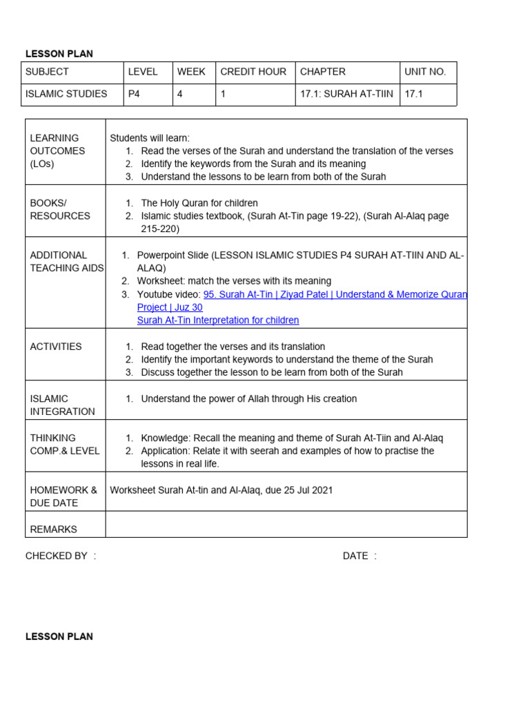 Lesson Plan for Surah At-Tiin & Al-Alaq | PDF | Surah | Quran