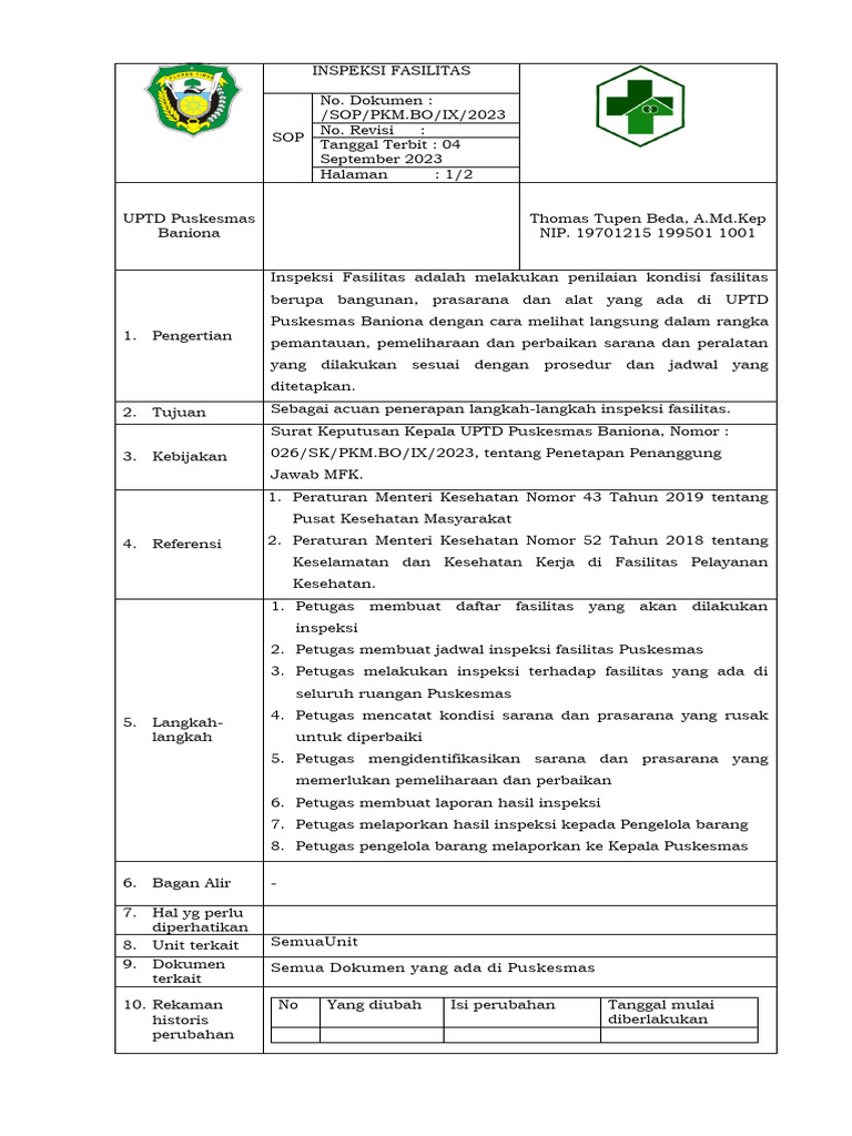 Sop Inspeksi Fasilitas | PDF