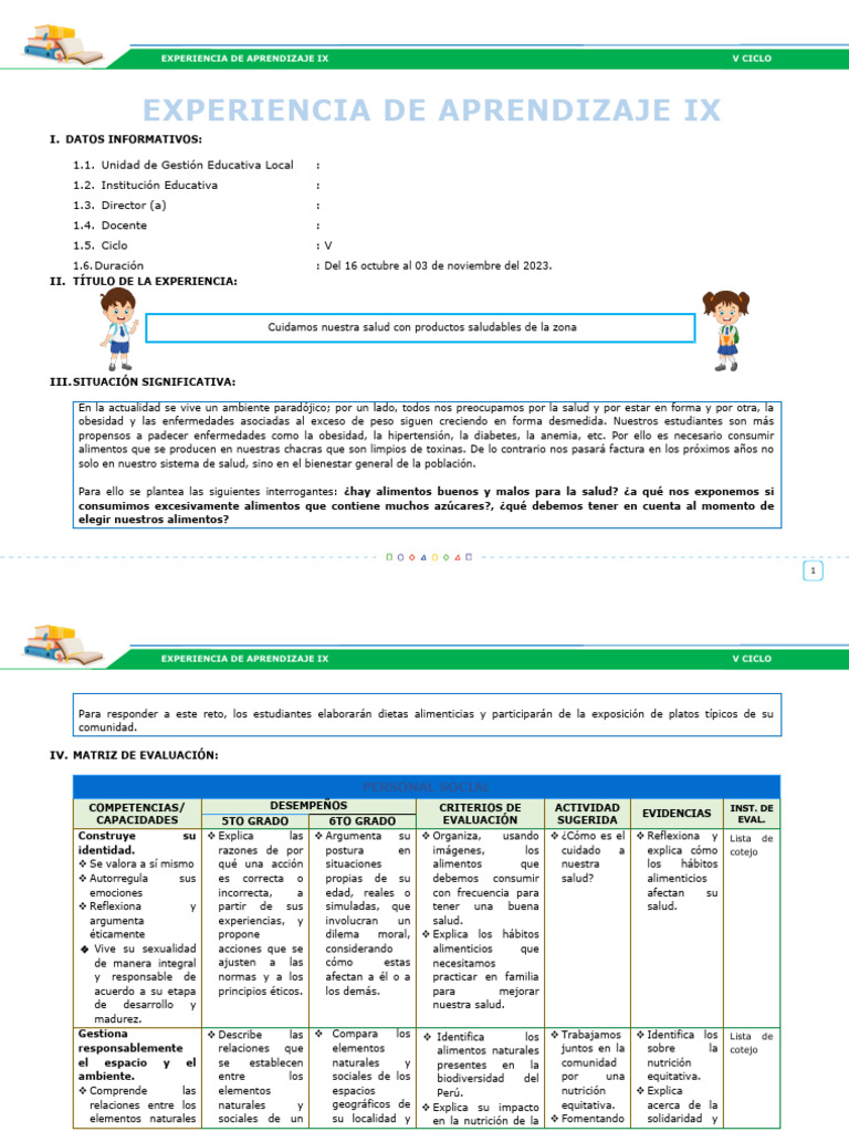 Experiencia de Aprendizaje 9 - V | PDF | Alimentos | Aprendizaje