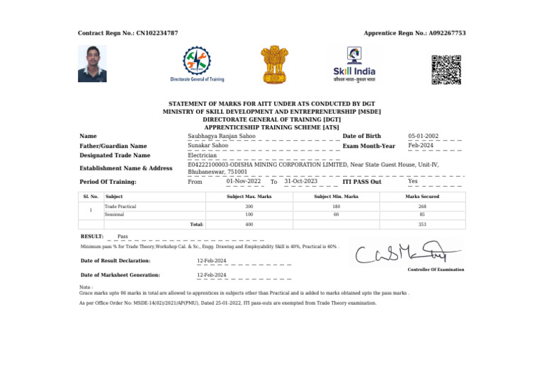 Saubhagya Ranjan Sahoo Marksheet | PDF | Apprenticeship | Vocational ...