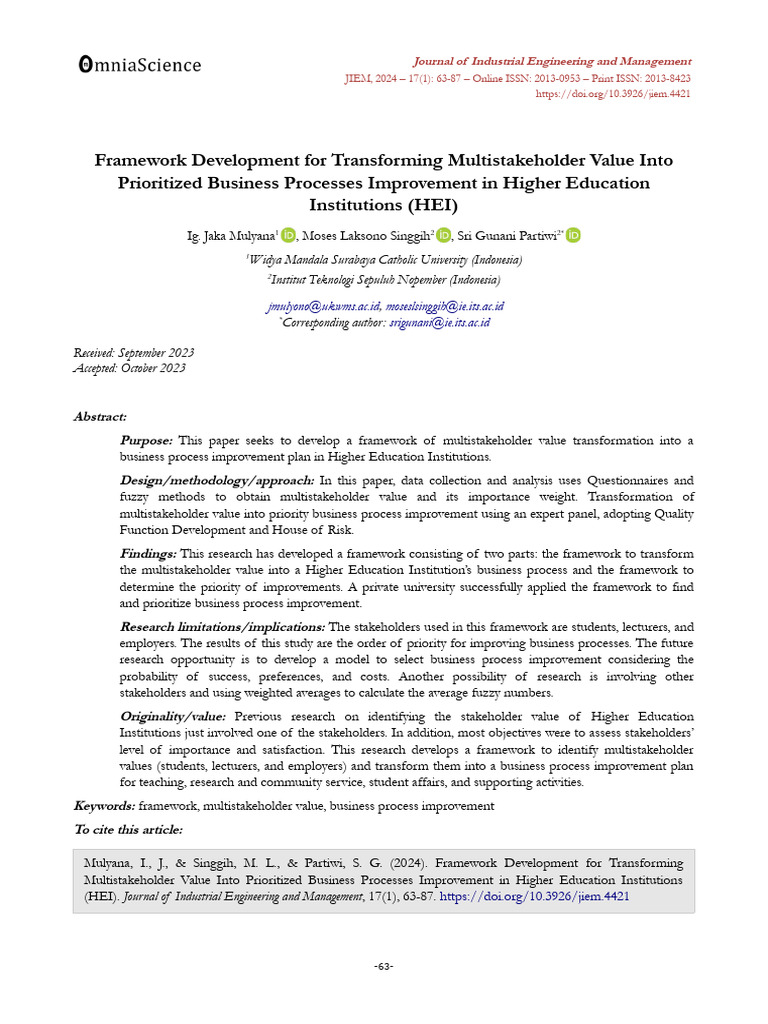 Framework Development For Transforming Multistakeholder Value IntoPrioritized Business Processes ...