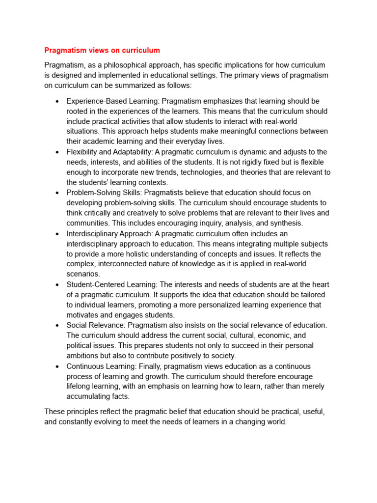 Pragmatism's Impact on Curriculum Design | PDF | Pragmatism | Learning