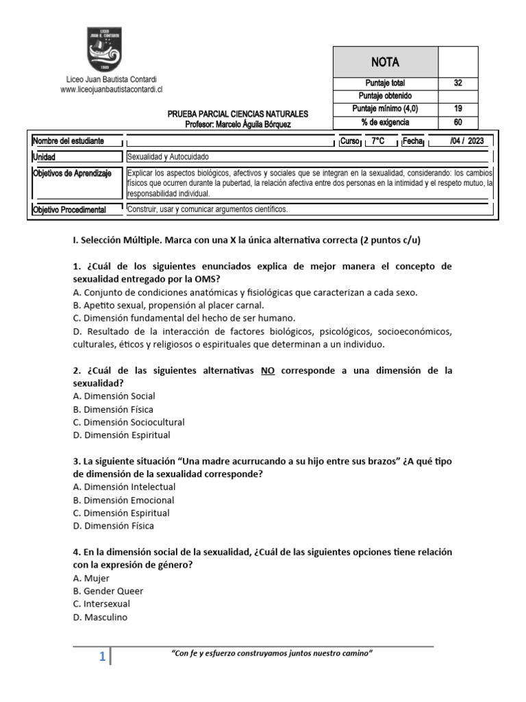 Prueba 1 CS - Naturales 7°c | PDF | La sexualidad humana | Las emociones