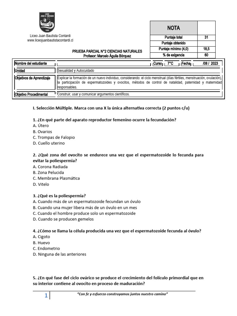 Prueba 2 CS - Naturales 7°c | PDF | Ciclo menstrual | Hormona luteinizante