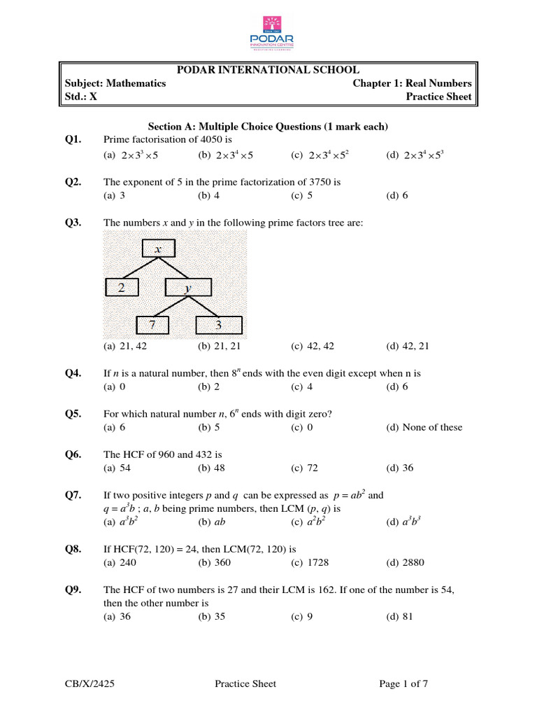 PS - CB - X - Maths - Real Numbers | PDF | Factorization | Mathematics