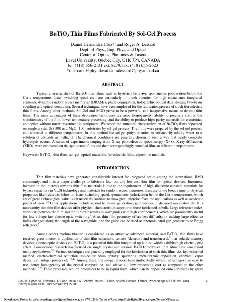 Cruz - Lessard - 2002 - BaTiO3 Thin Films Fabricated by Sol-Gel Process | PDF | Crystallite ...