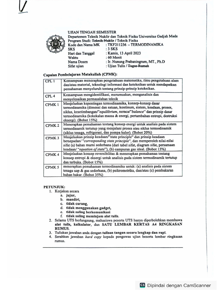 UTS Termodinamika - File Mario 2022 | PDF