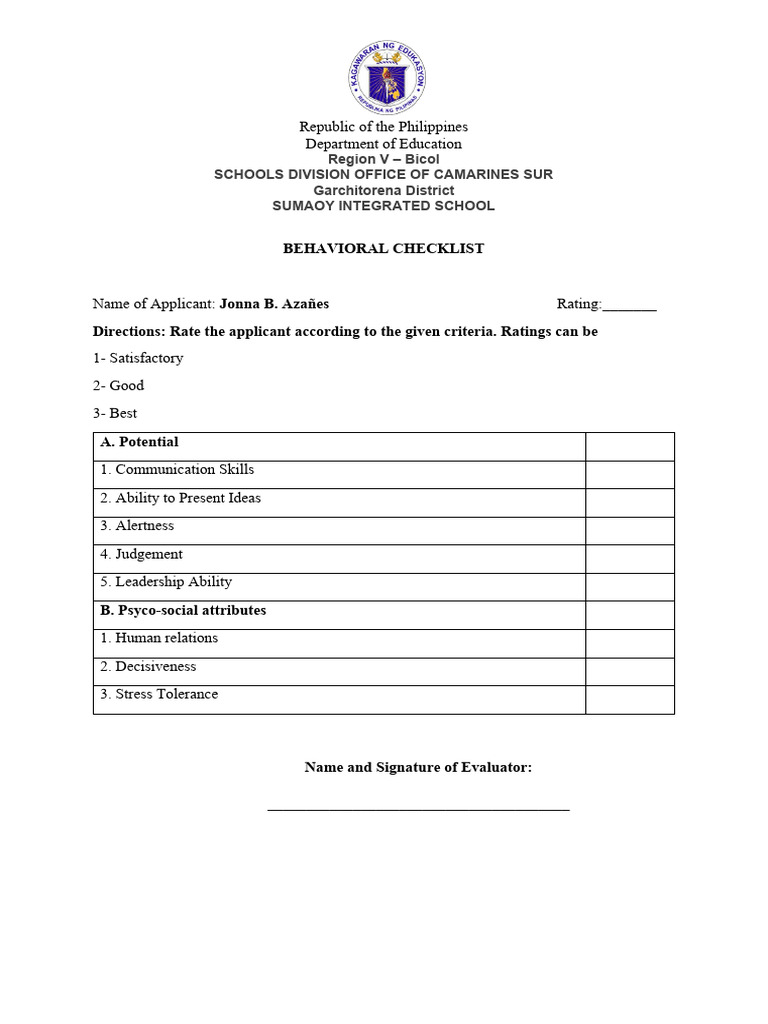 Behavioral Checklist | PDF