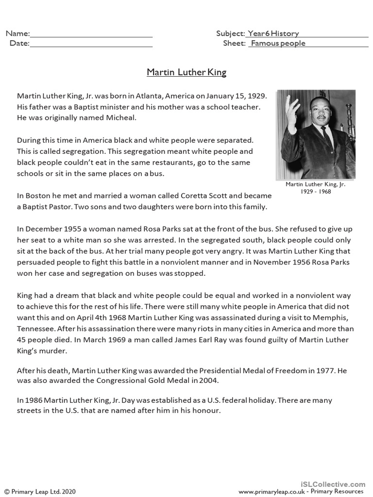 Year 6 History: Martin Luther King | PDF | Martin Luther King Jr ...