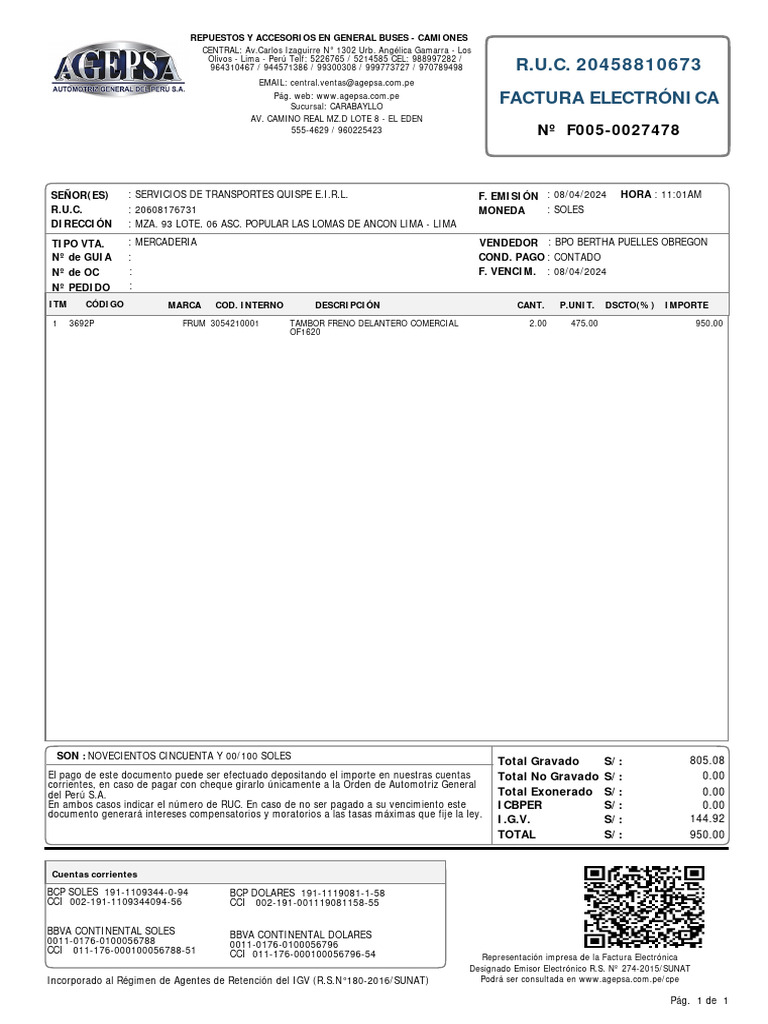 Factura #F005-0027478 | PDF | Tecnología bancaria | Pagos