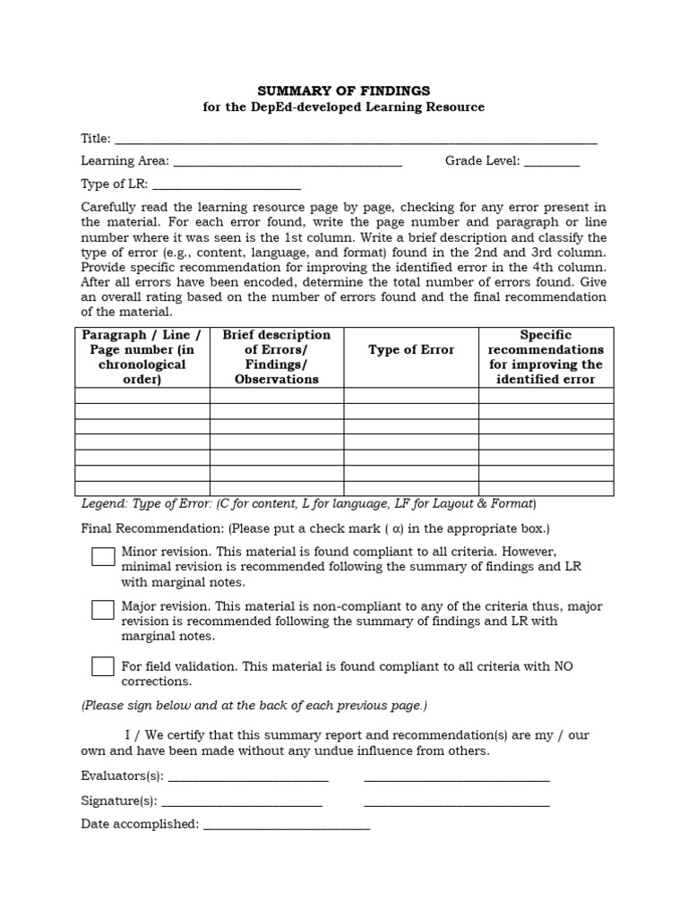 Learning Resource Error Review Summary | PDF