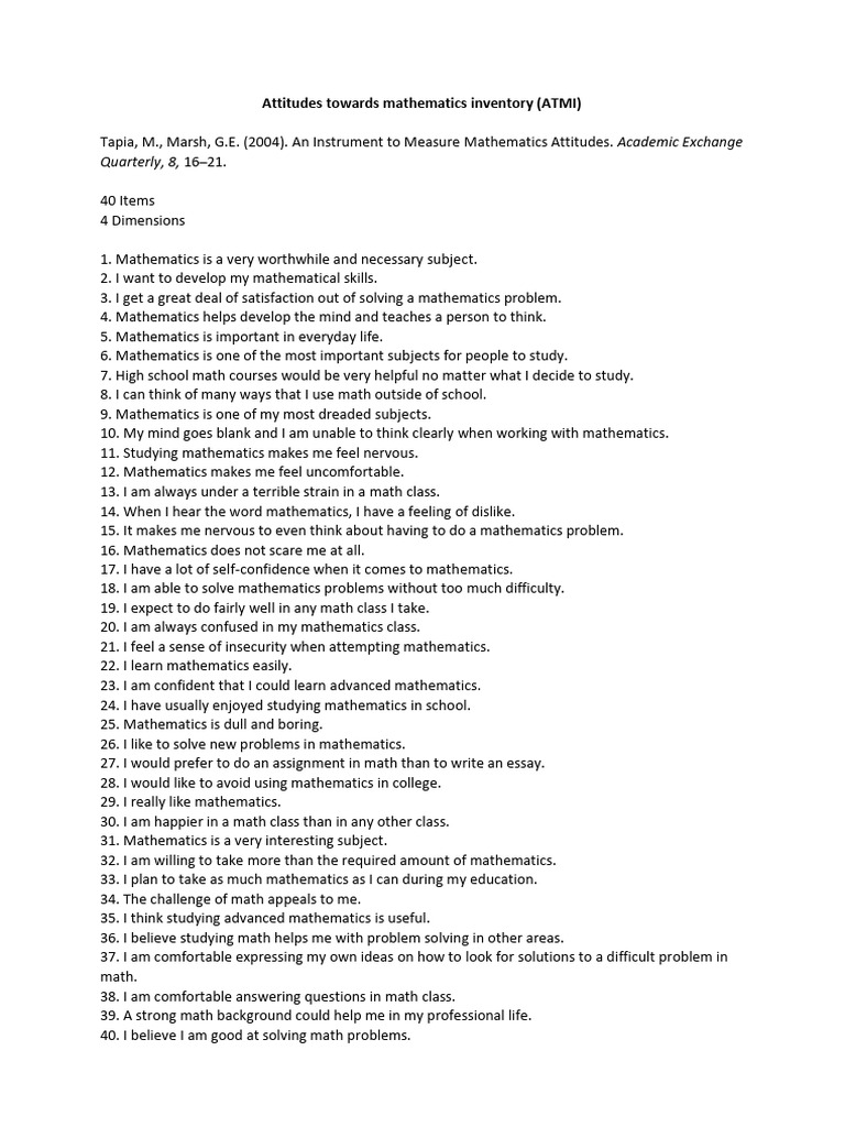 Attitudes Towards Mathematics Inventory (ATMI) | Download Free PDF ...