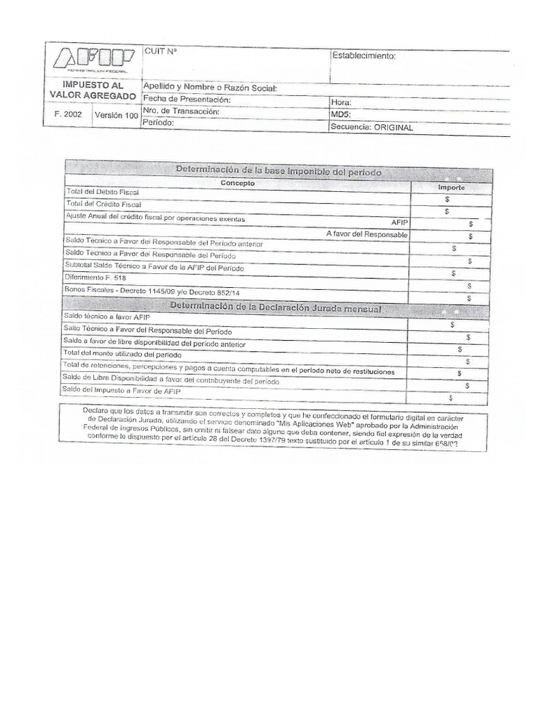 Formulario Liquidación de IVA F2002 | PDF
