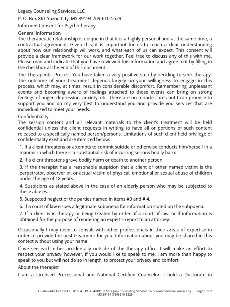 Informed Consent For Psychotherapy | Download Free PDF | Psychotherapy ...