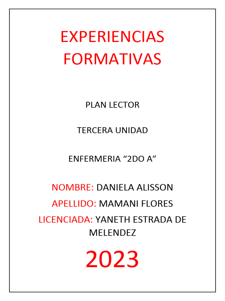 EXPERIENCIAS FORMATIVAS Plan Lector 3 | PDF | Dolor | Enfermería