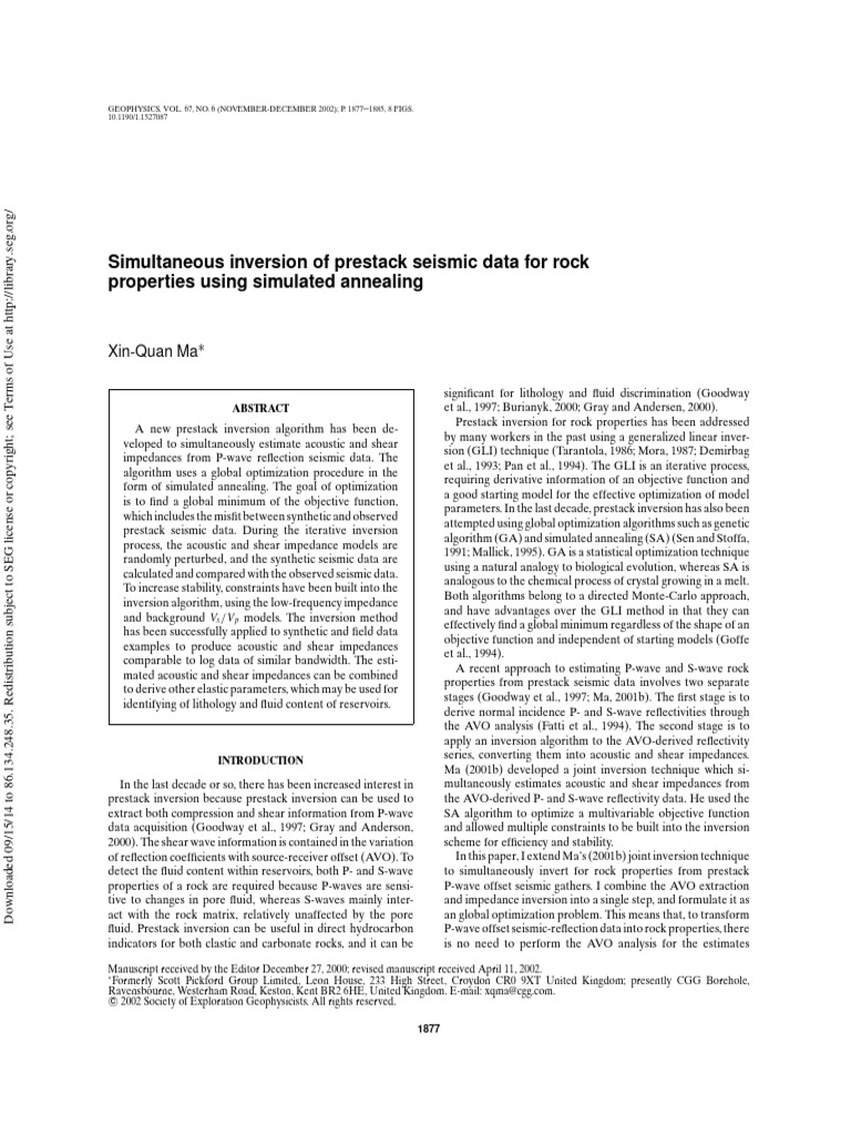 Prestack Inversion Xin Quan Ma Geophysics 2002 | PDF | Mathematical Optimization | Reflection ...