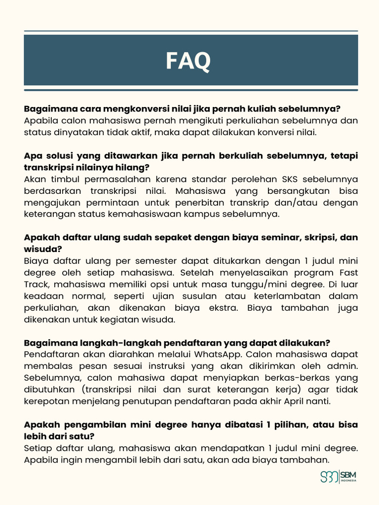 FAQ Program Fast Track SBM Indonesia S1 Manajemen | PDF