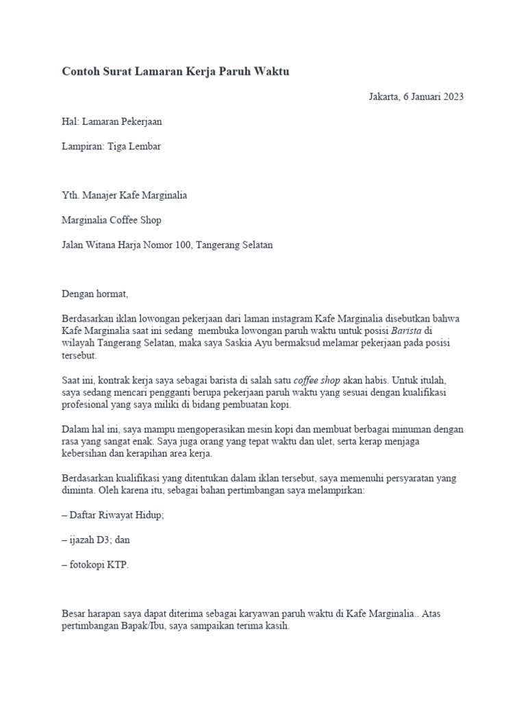 Contoh Surat Lamaran Kerja Part Time | PDF