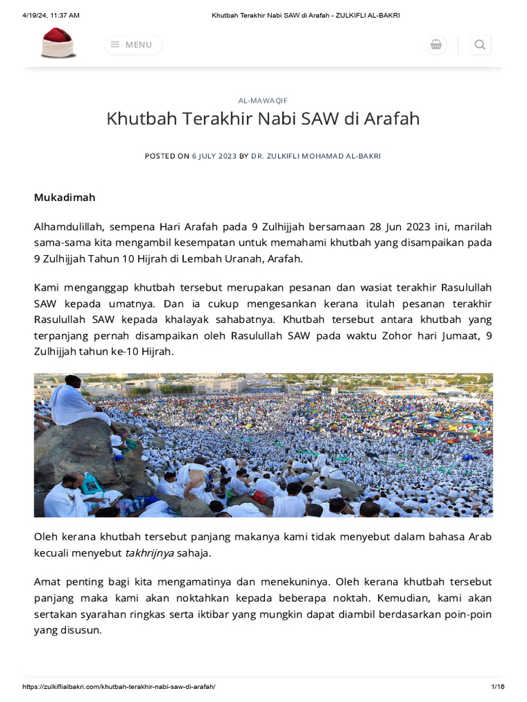 Khutbah Terakhir Nabi SAW Di Arafah - ZULKIFLI AL-BAKRI | PDF