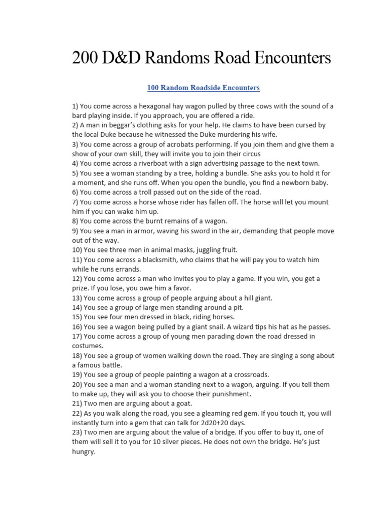 200 Random D&D Road Encounters | PDF | Religion & Spirituality | Young ...