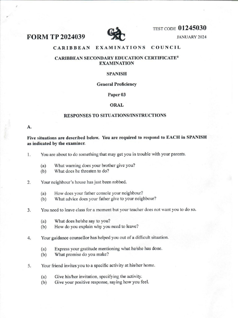 CSEC Spanish P3 Jan'24 | PDF