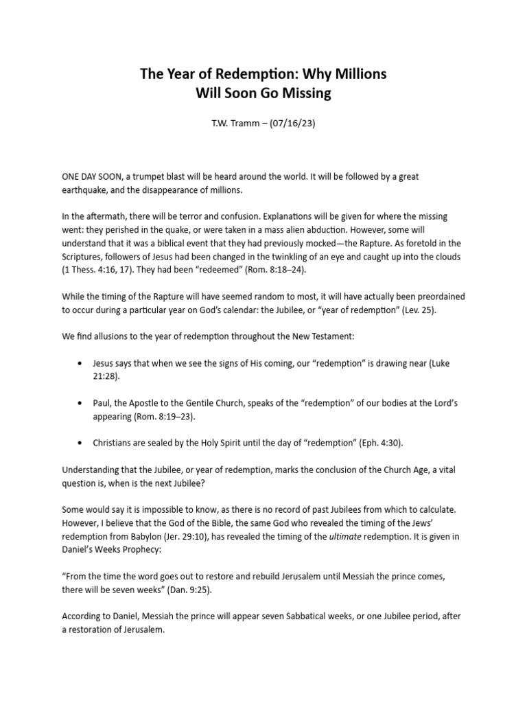 THE YEAR OF REDEMPTION - WHY MILLIONS WILL SOON GO MISSING Rev A | PDF ...