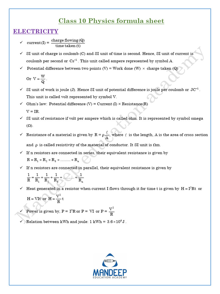 Class 10 Physics Formula Sheet | PDF | Electrical Resistance And Conductance | Volt