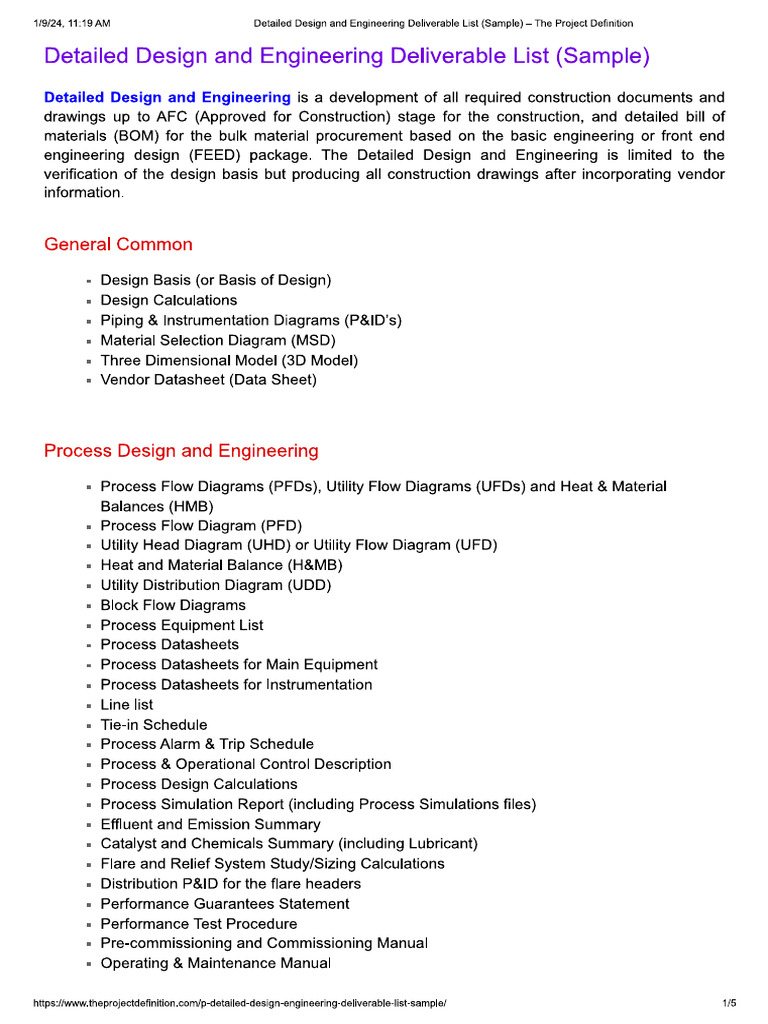Detailed Design and Engineering Deliverable List | PDF