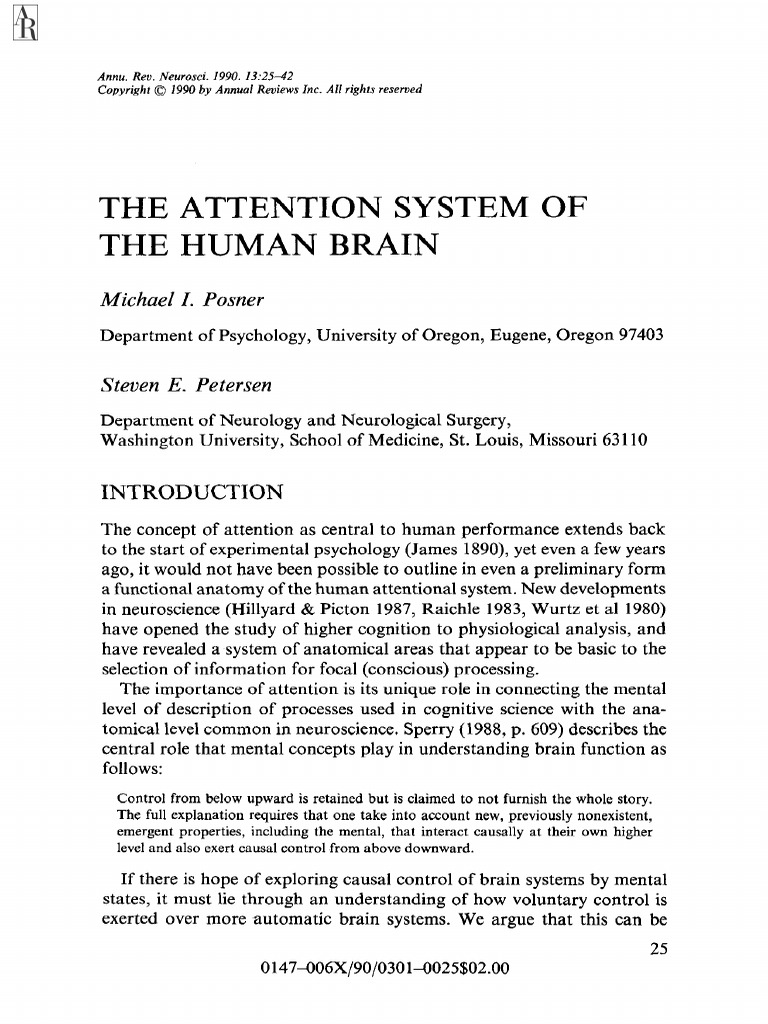 Posner 1990) the Attentional System of the Human Brain | PDF ...