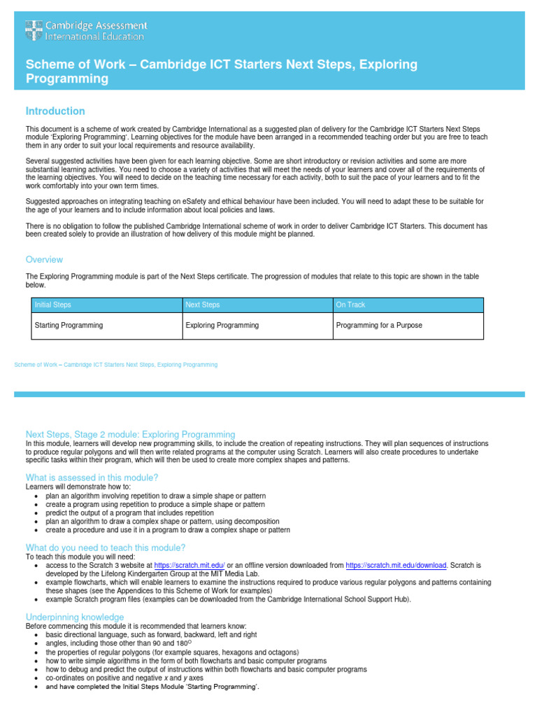 Next Steps Scheme of Work Unit 4282 Exploring Programming - For ...