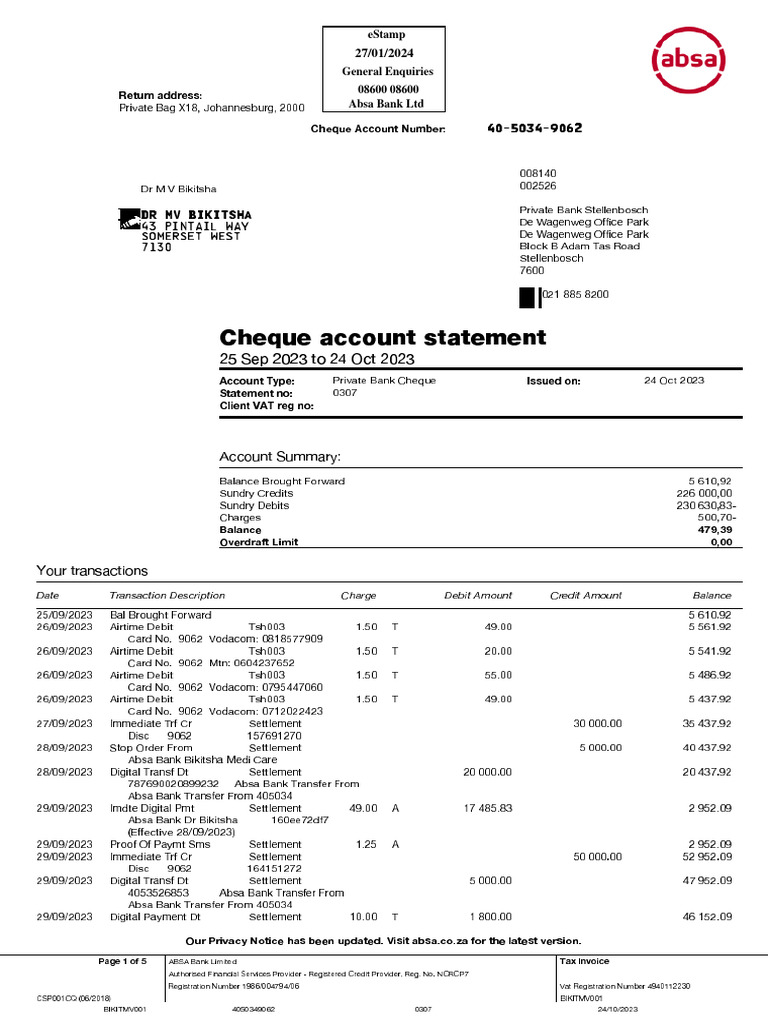 Absa Bank Statement: Sep-Oct 2023 | PDF | Banks | Debits And Credits