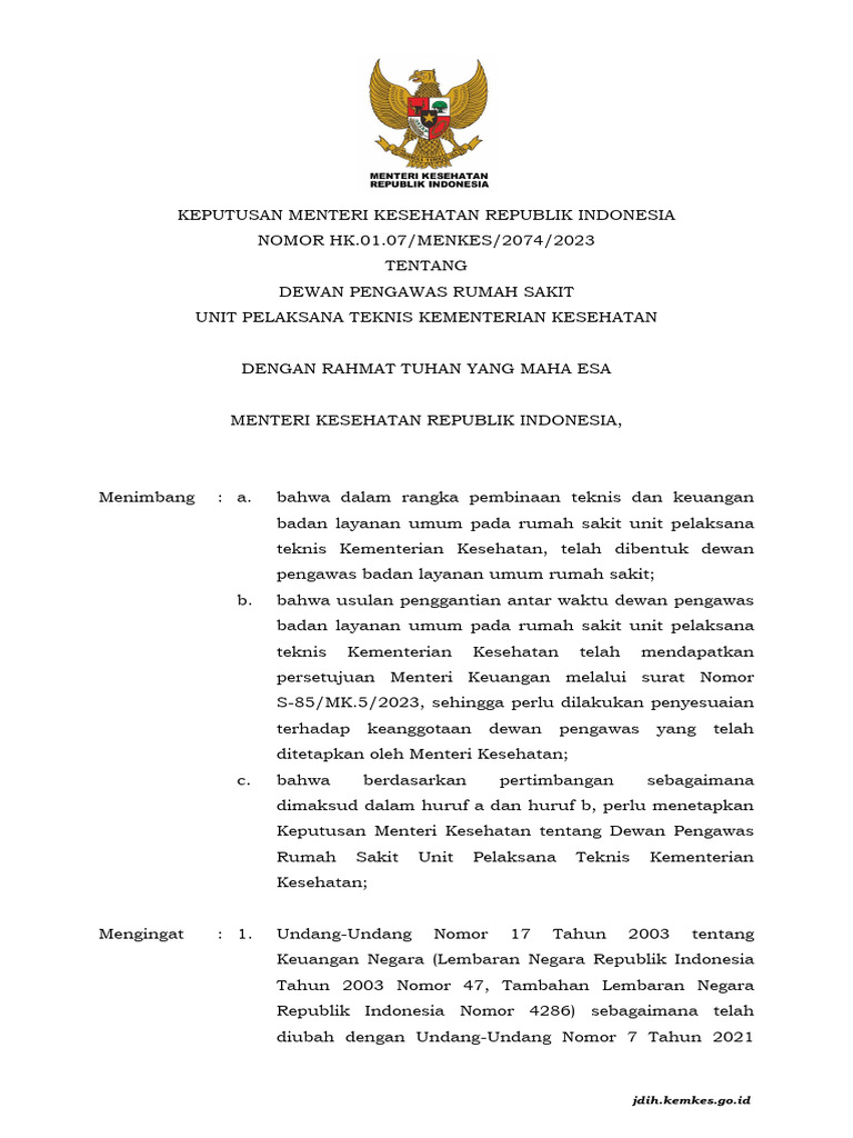 KMK No. HK.01.07-MENKES-2074-2023 TTG Dewan Pengawas RS Unit Pelaksana Teknis Kemenkes-Signed | PDF