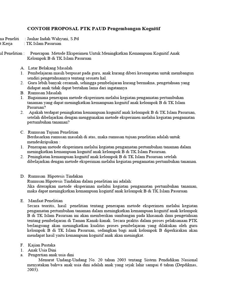 CONTOH PROPOSAL PTK PAUD Pengembangan Kognitif | PDF