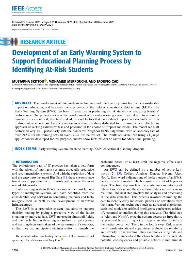 Development of An Early Warning System To Support Educational Planning ...