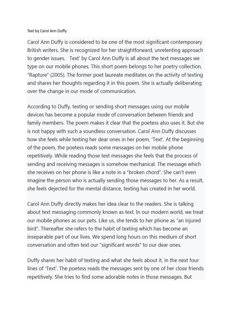 Text by Carol Ann Duffy | PDF | Text Messaging | Poetry