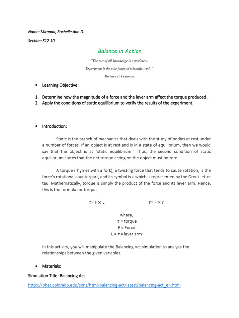 Genphy2 SA1 Miranda, Rochelle Ann D. S12-10 Attempt#1 | PDF | Lever | Torque