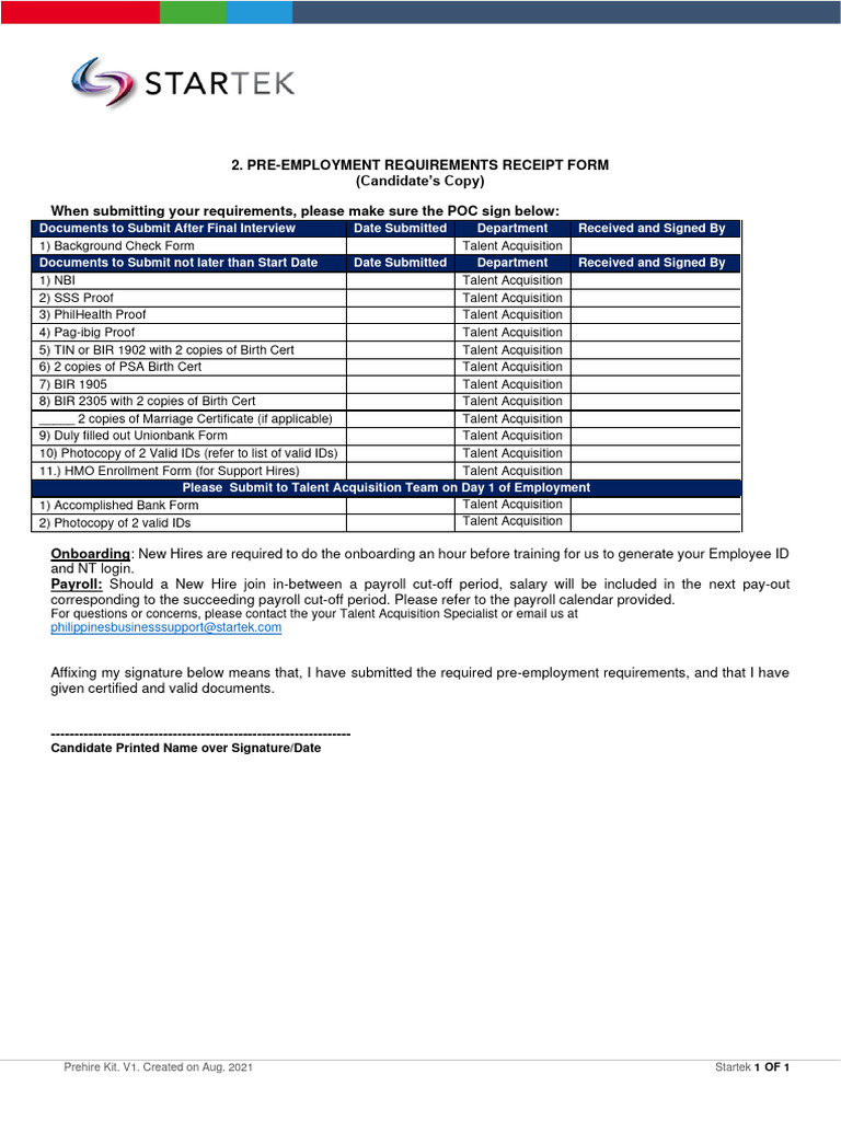 Pre Employement Requirements Recipt Form - Candidate's | PDF | Birth ...