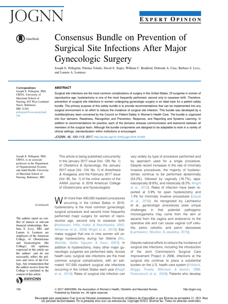 Consensus Bundle On Prevention of Surgical Site Infections After Major Gynecologic Surgery | PDF ...