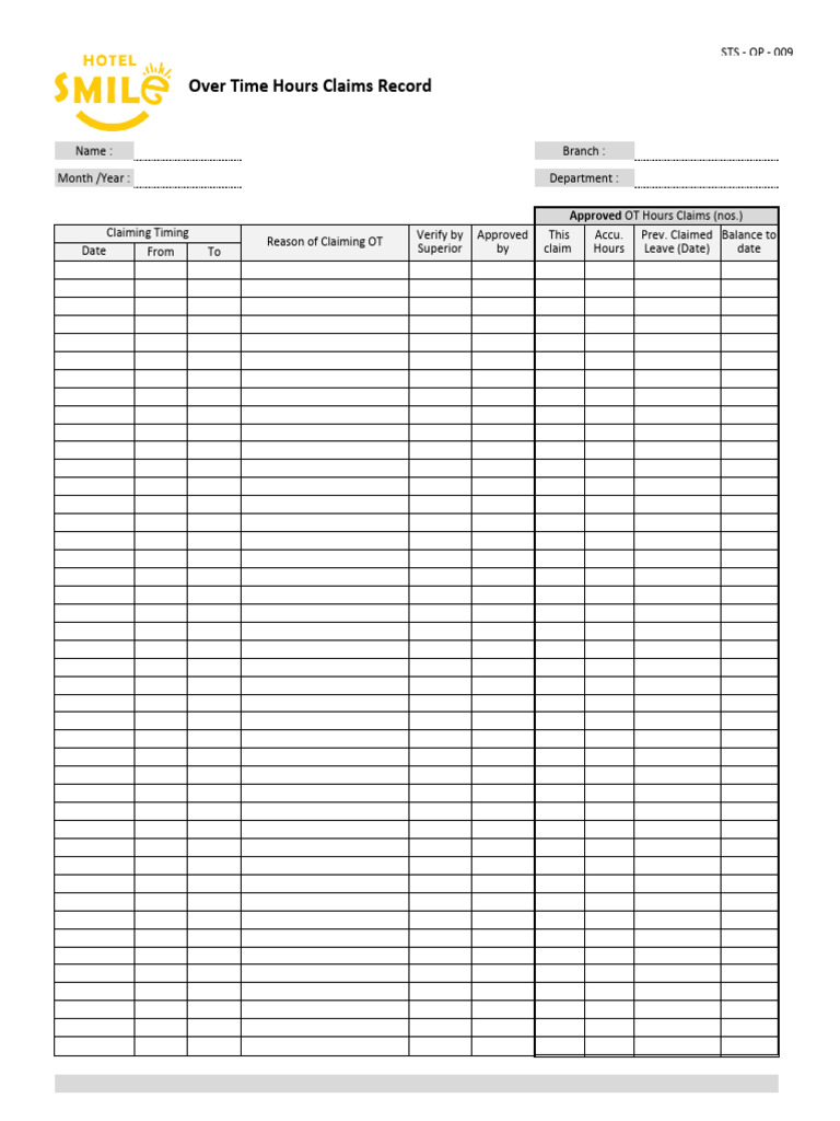 Over Time Hours Claims Record Template | PDF | Finance & Money Management