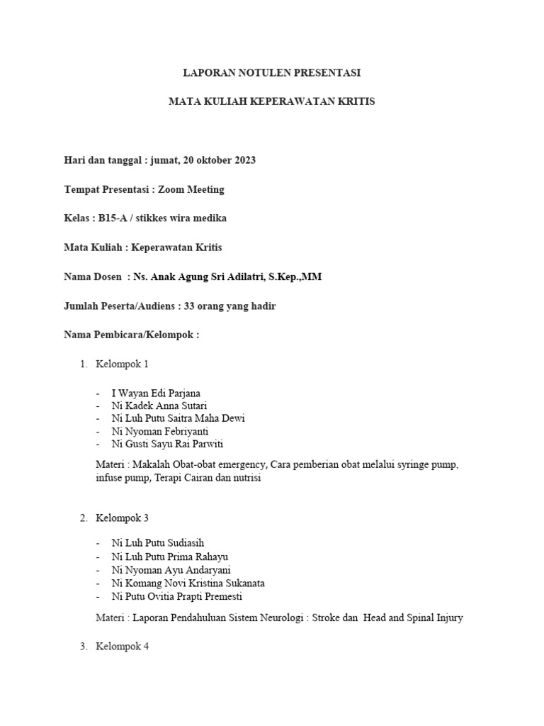 Notulen Presentasi Keperawatan Kritis | PDF