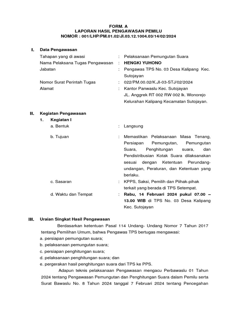 Laporan Pengawasan Pemungutan Suara | PDF