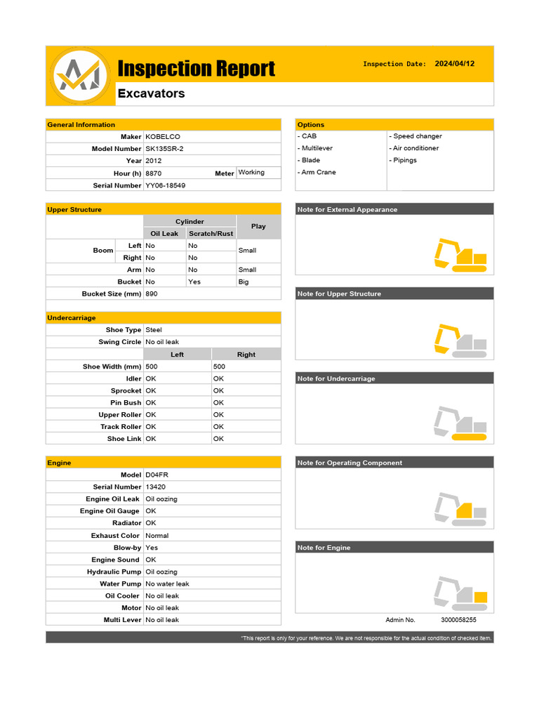 SK135SR-2 Excavator Inspection Report | PDF | Vehicles | Mechanical ...