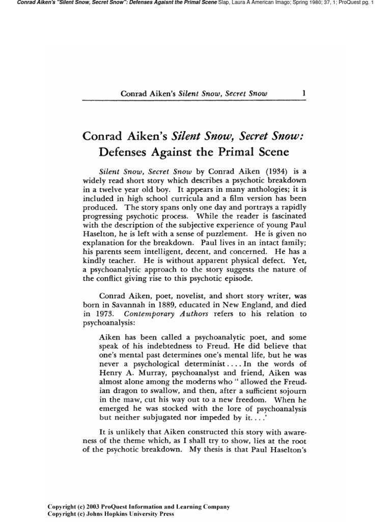 Conrad Aiken's ''Silent Snow, Secret Snow'' - Defenses Against The Primal Scene | PDF