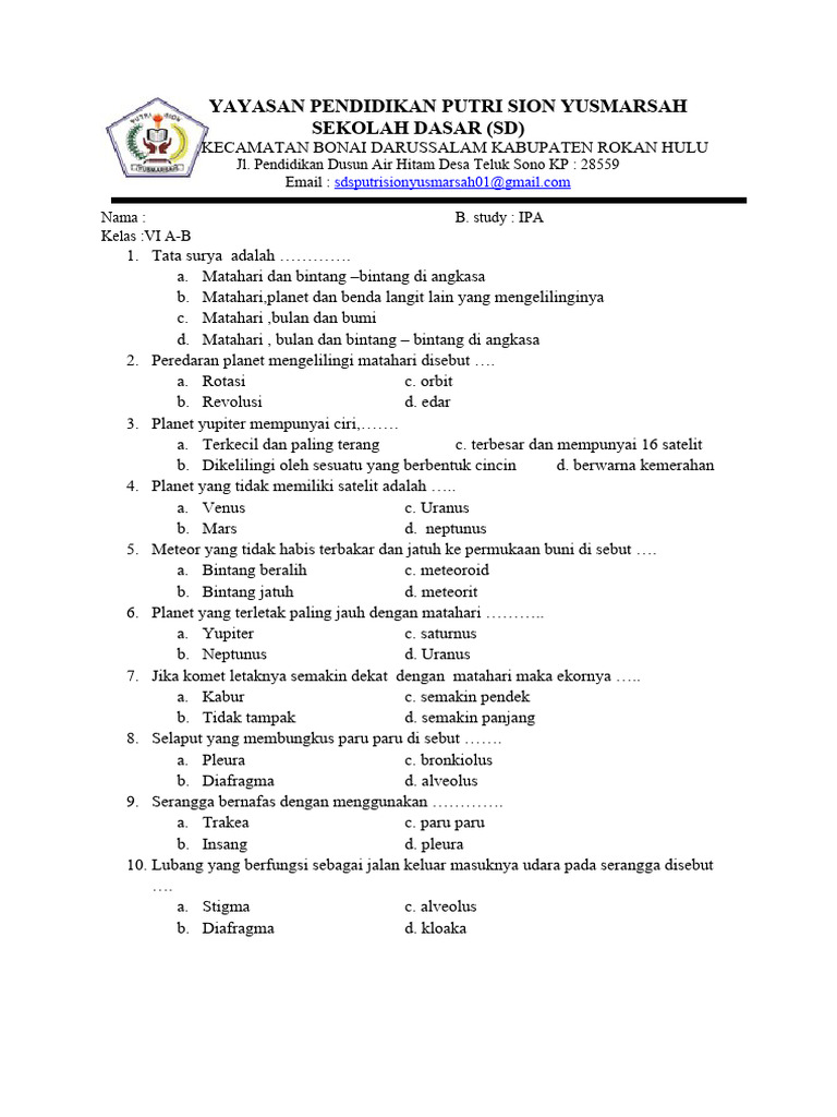 Soal Ipa Kelas 6 Mid Sem Genap | PDF