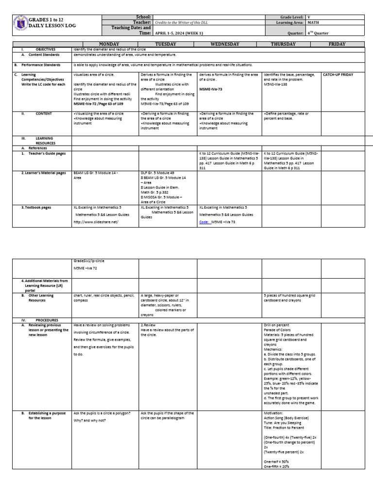 Grade 5 DLL Math 5 q4 Week 1 | PDF | Area | Circle